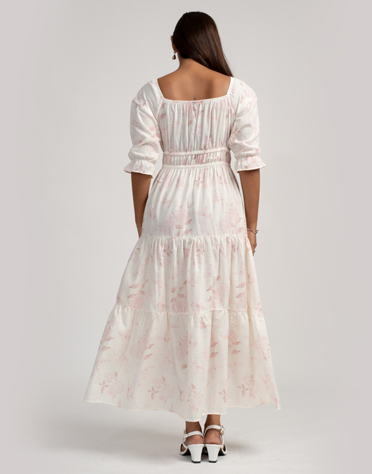 Cream Color Printed Long Dress