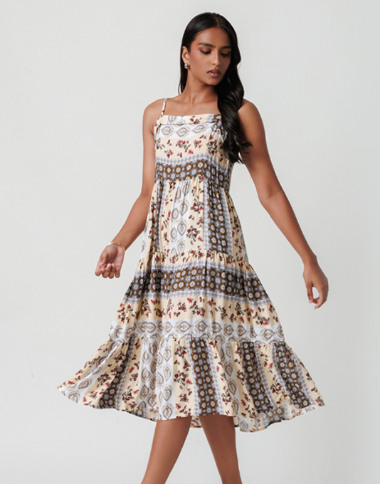 Printed Cream Color Sleeveless Dress