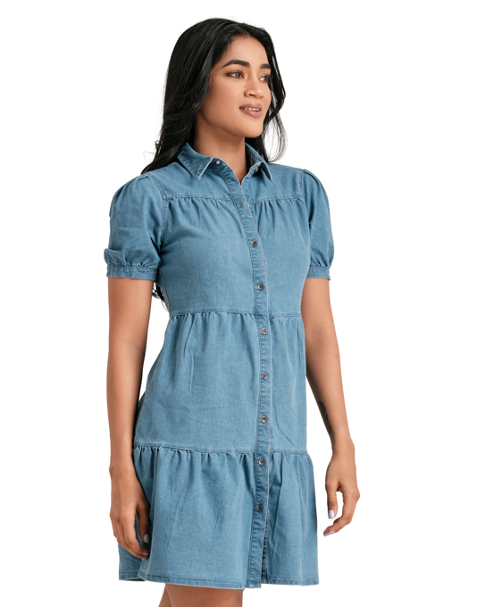 Women's Puff Sleeve Button Front Denim Dress